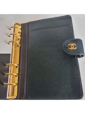 CHANEL | Office | Chanel Black Quilted Caviar Leather Mm 6ring Agenda ...